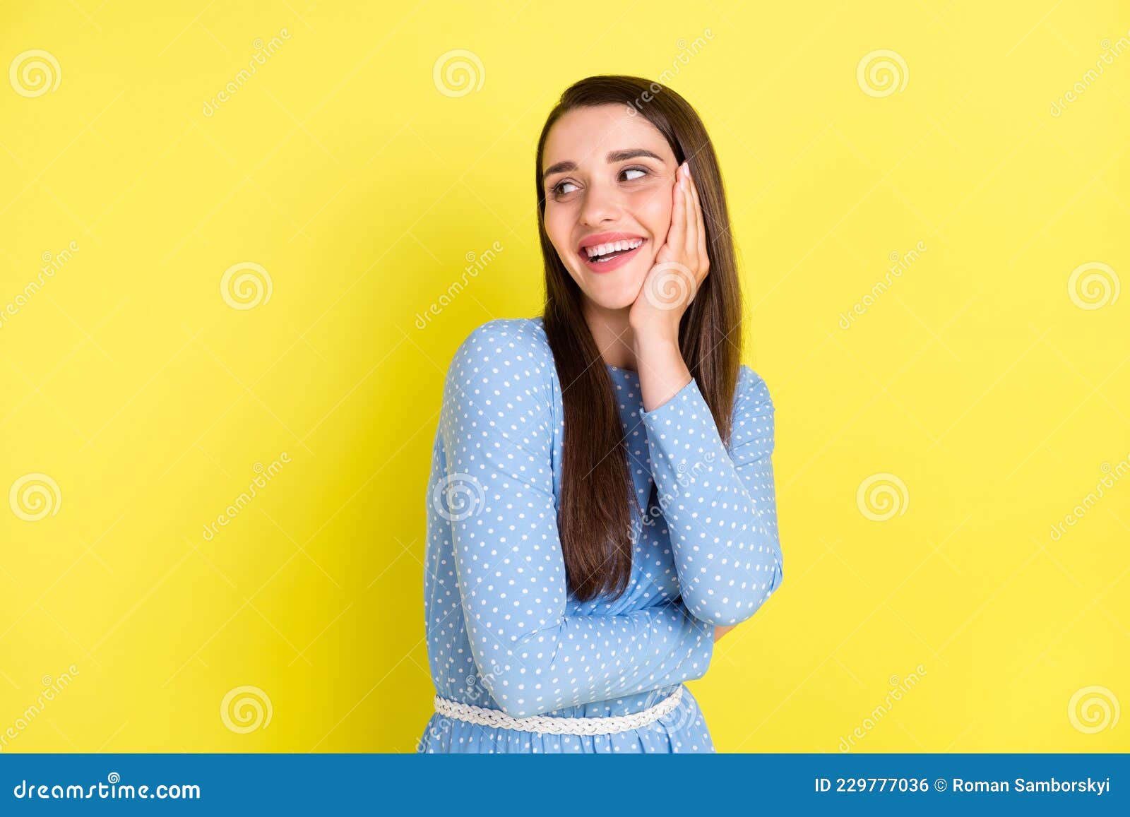 Photo Of Cute Funny Young Woman Dressed Blue Clothes Arm Cheek Looking