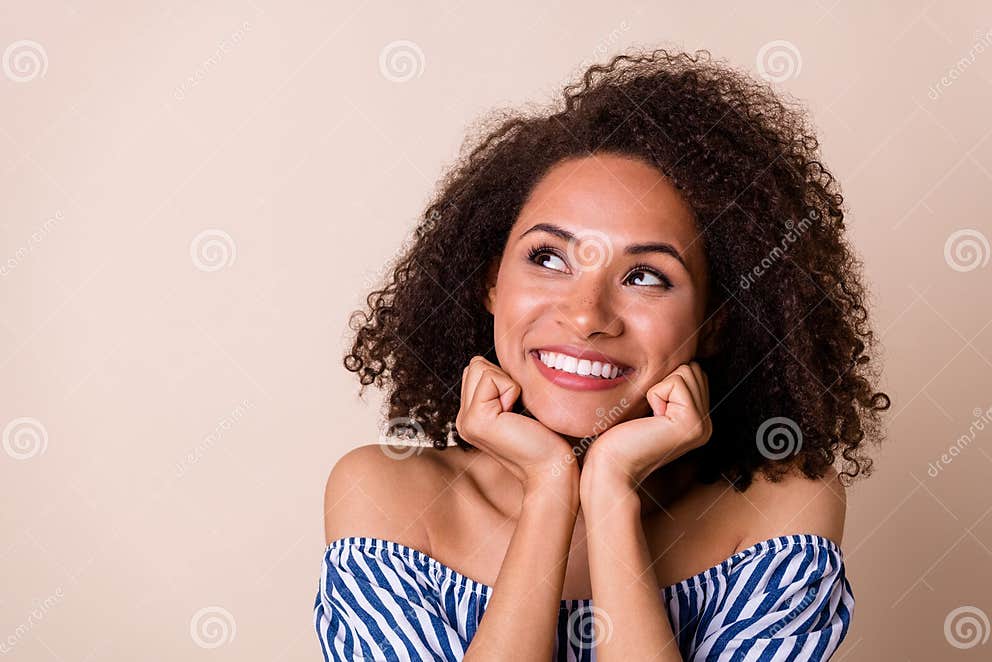 Photo Of Cute Lovely Cheerful Lady Hands Touch Cheeks Look Empty Space