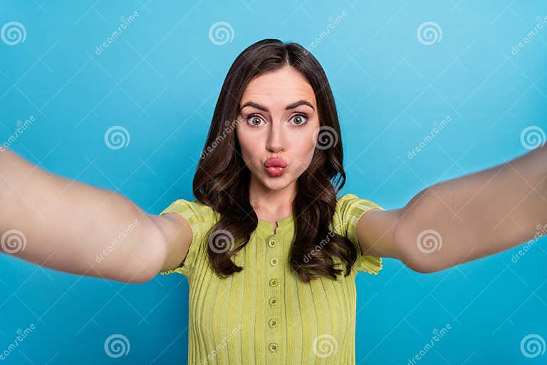 Photo Of Cute Millennial Brunette Curly Hairdo Do Selfie Blow Kiss Wear