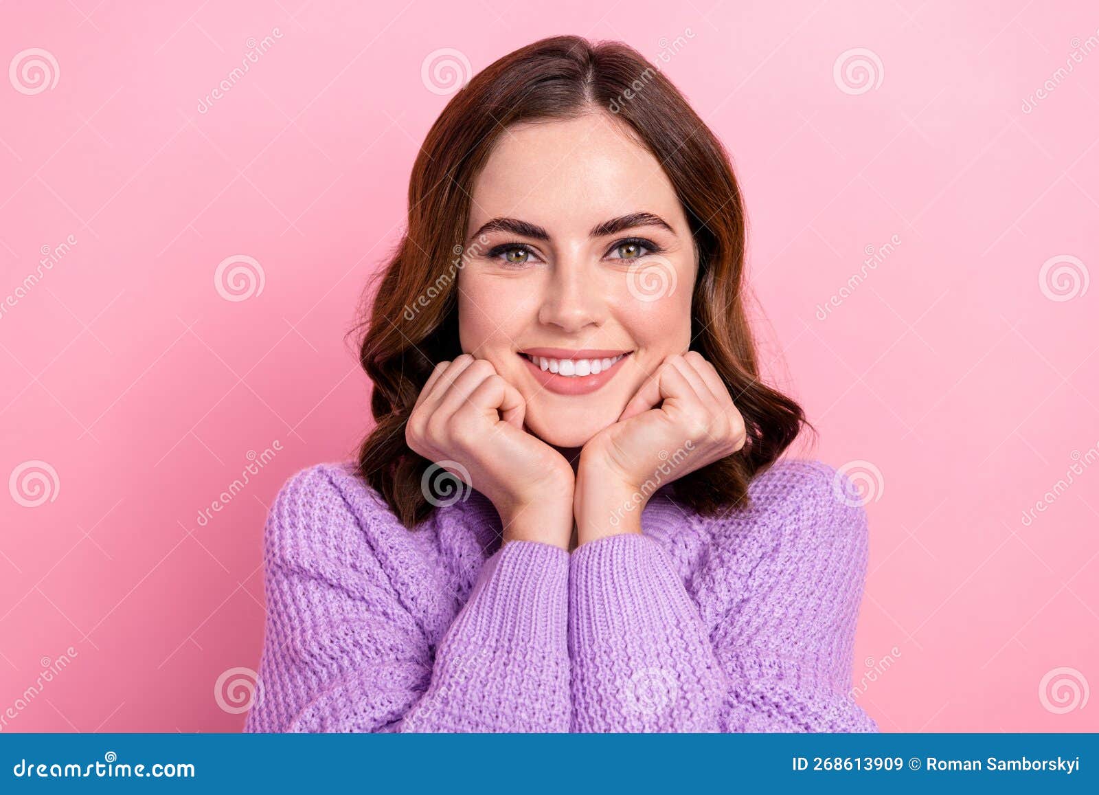 Photo Of Cute Positive Gorgeous Woman With Wavy Hairstyle Wear Knit
