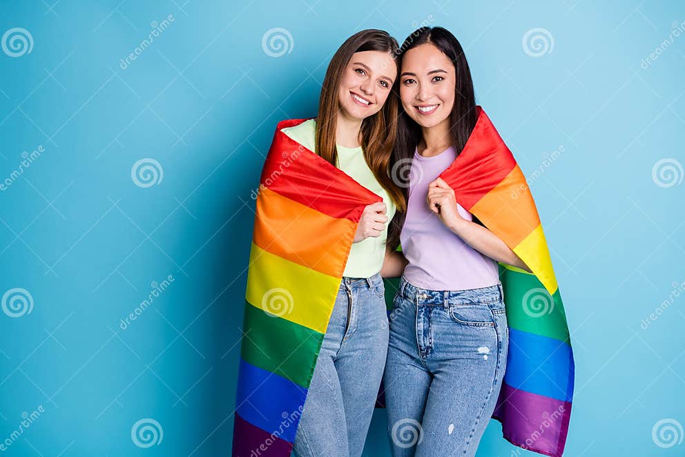 Photo Of Cute Pretty Lesbians Couple Ladies Celebrate Parade Show