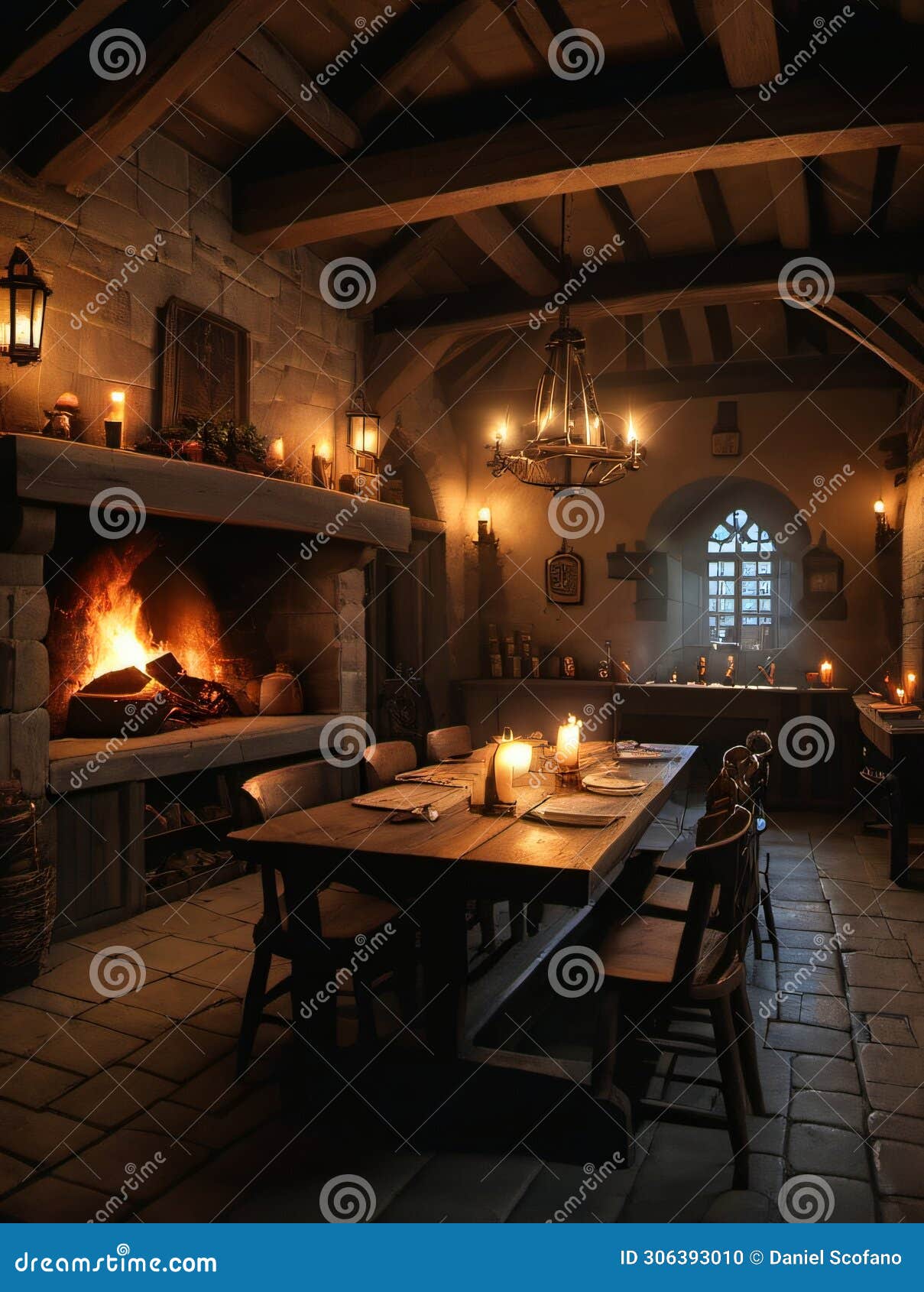 Photo of 3D Rendering of a Medieval Tavern Interior Lit by Candlelight ...