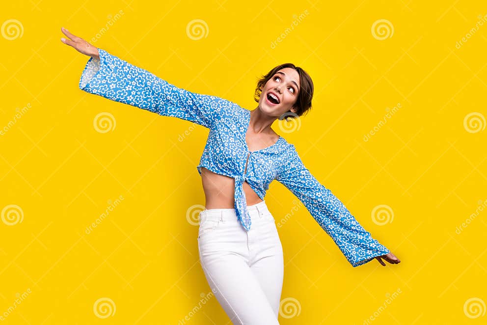 Photo Of Deamy Sweet Woman Wear Flower Print Blouse Having Fun Looking