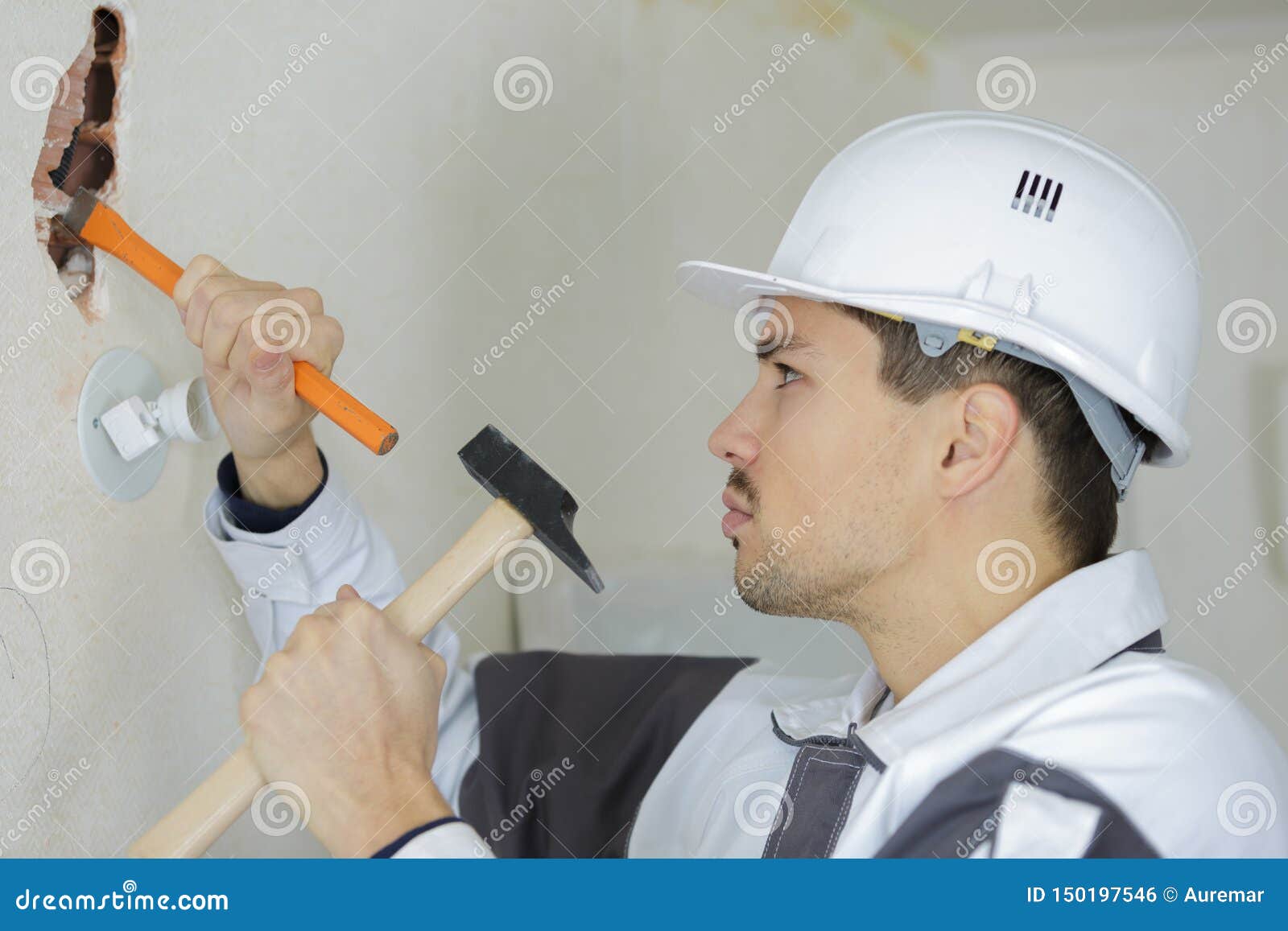 Photo Depicts Man with Chisel and Hammer Stock Photo - Image of masonry ...
