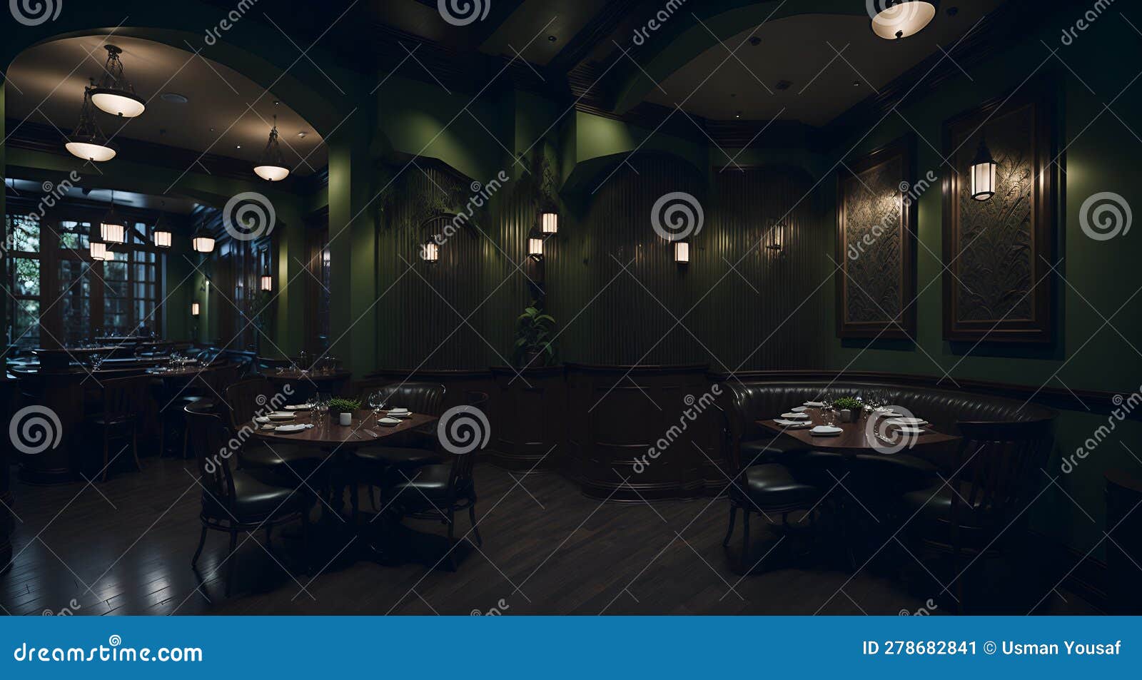 Ai Generated A Dimly Lit Dining Room With Green Walls Stock Image ... Ai Generated A Dimly Lit Dining Room With Green Walls Stock Image ...