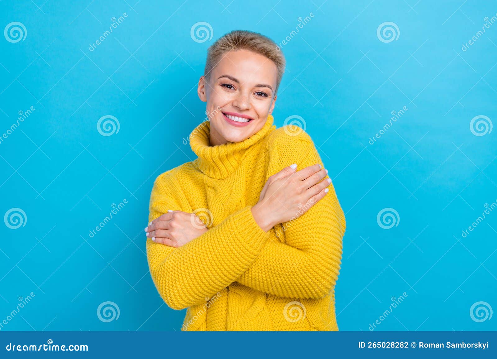Photo Of Dreamy Adorable Girl Dressed Knitwear Pullover Smiling