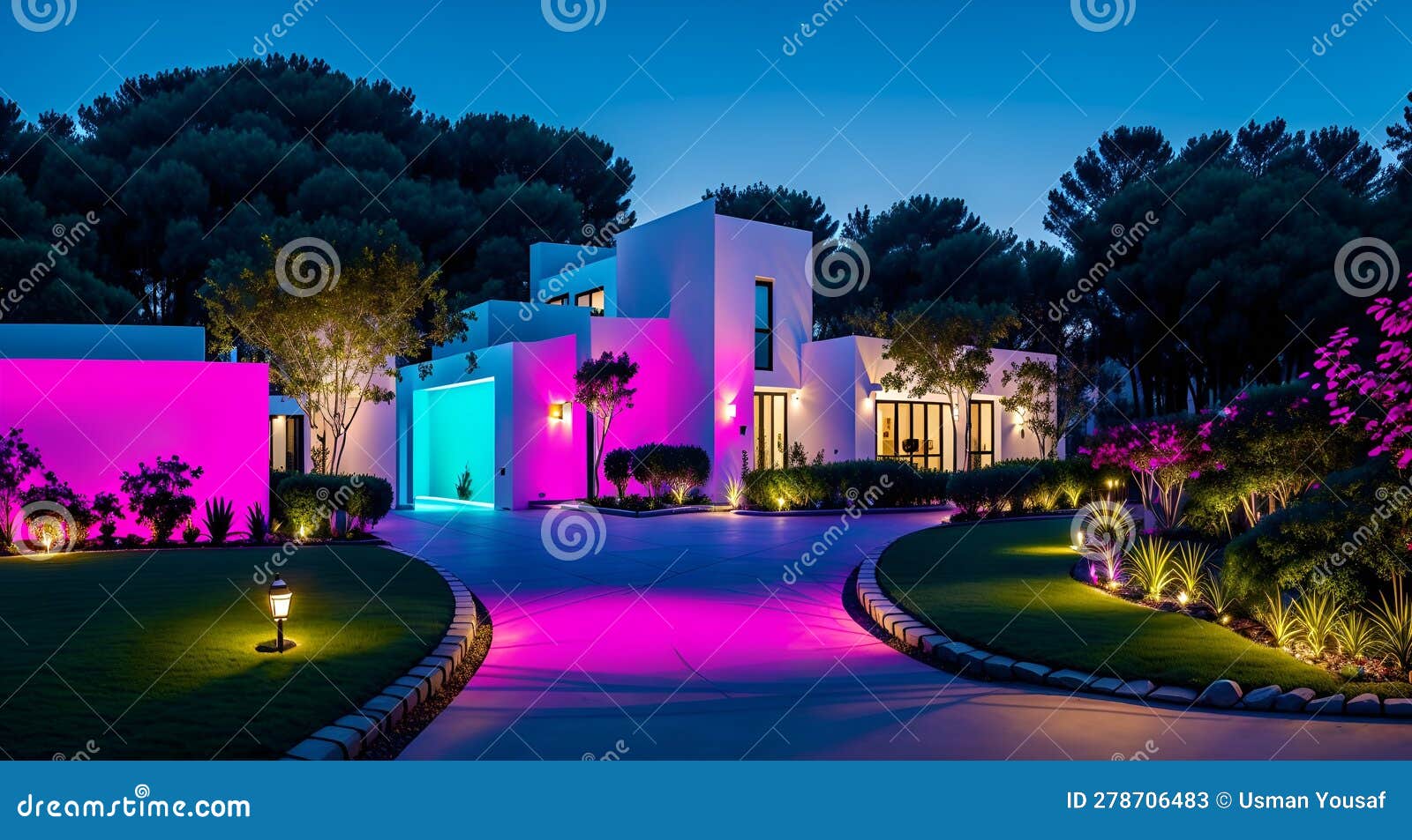 Ai Generated a Driveway Illuminated with Purple Lights at Night ...