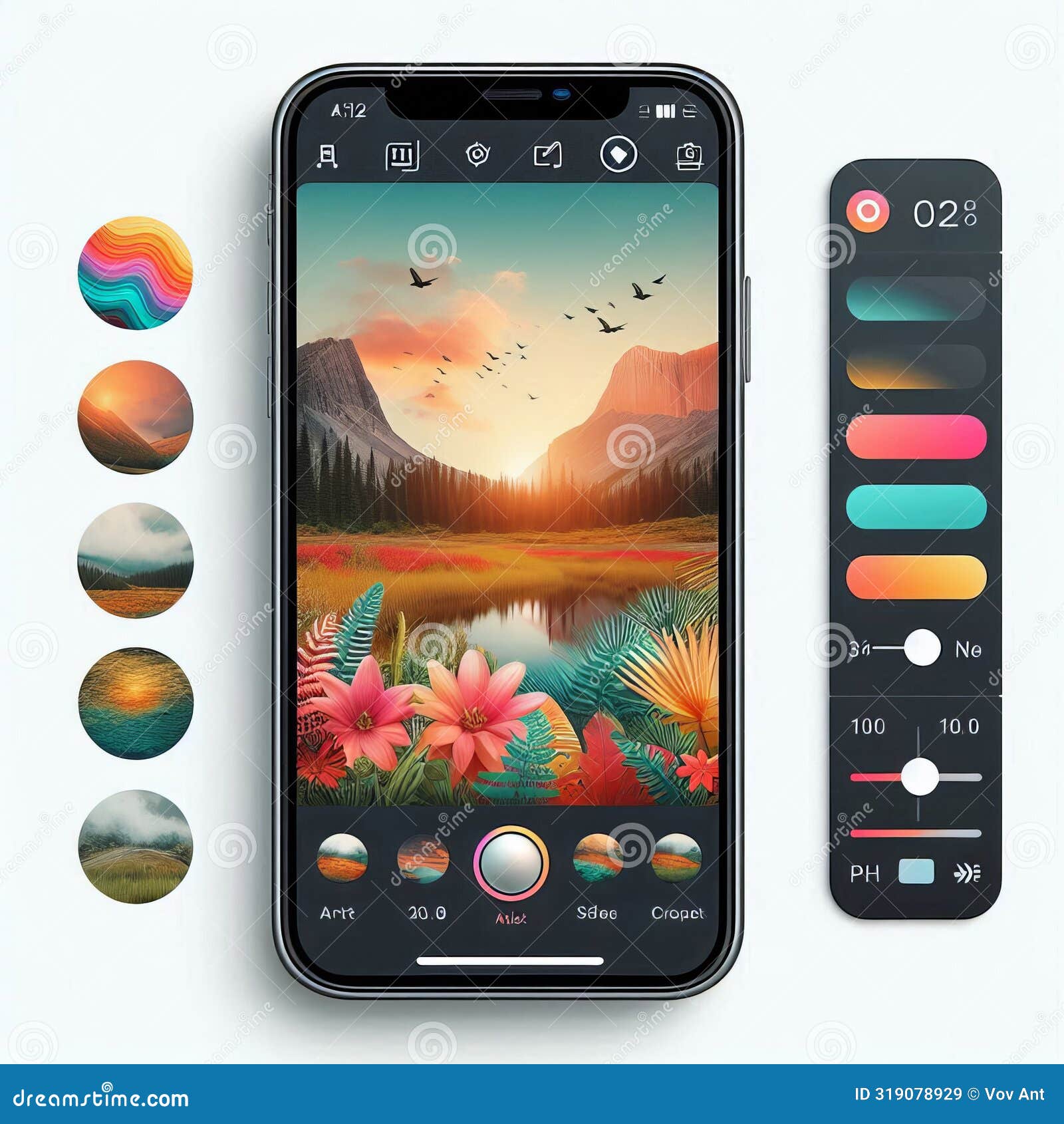 Photo Editing App Interface with Filters, Adjustments, and Crop Stock ...