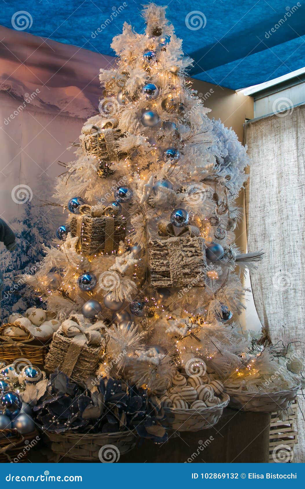 Enchanted White Christmas Tree with Many Decorations Stock Photo ...