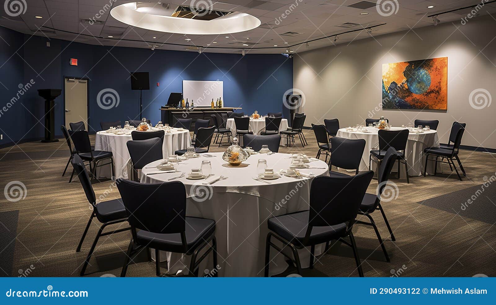 A Photo of an Event Venue Conference Room with Round Table Setup Stock ...