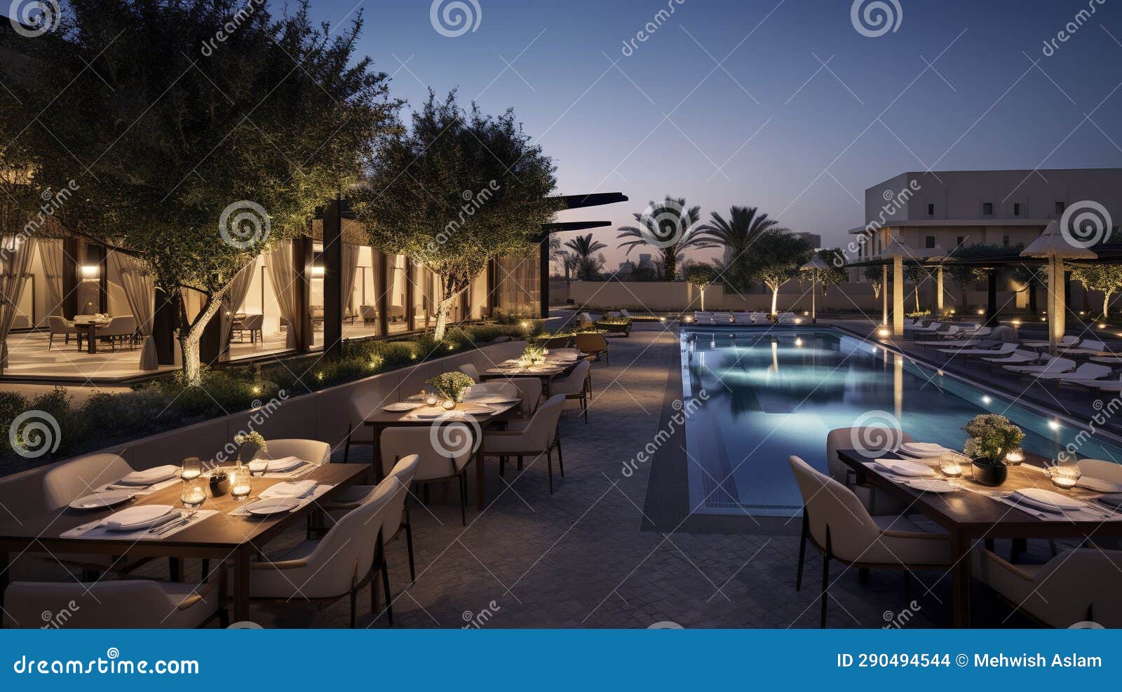 A Photo of an Event Venue Terrace with Poolside Seating Stock ...