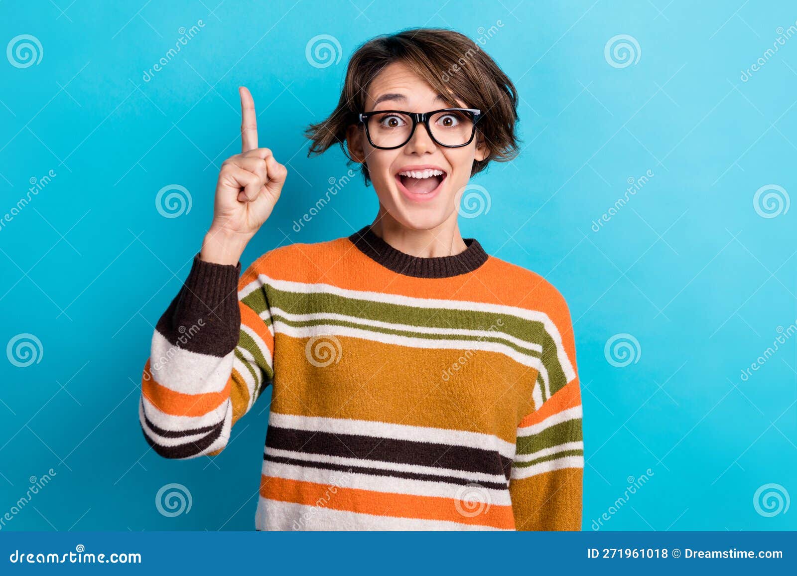 Photo Of Excited Funky Lady Wear Striped Sweater Spectacles Pointing Up