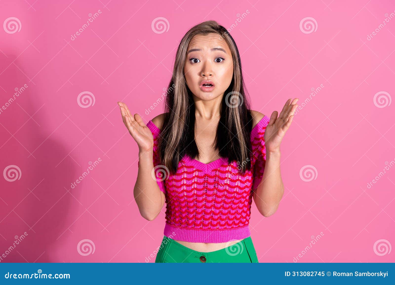 Photo Of Excited Shocked Lady Dressed Knitted Shirt Rising Arms Emtpy