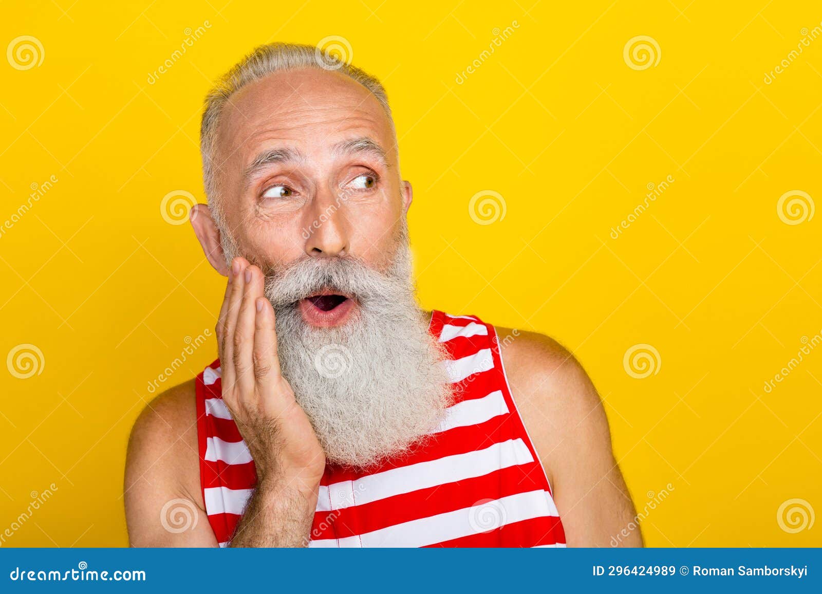 Photo Of Excited Shocked Senior Man Wear Red Striped Swimsuit Hand Arm