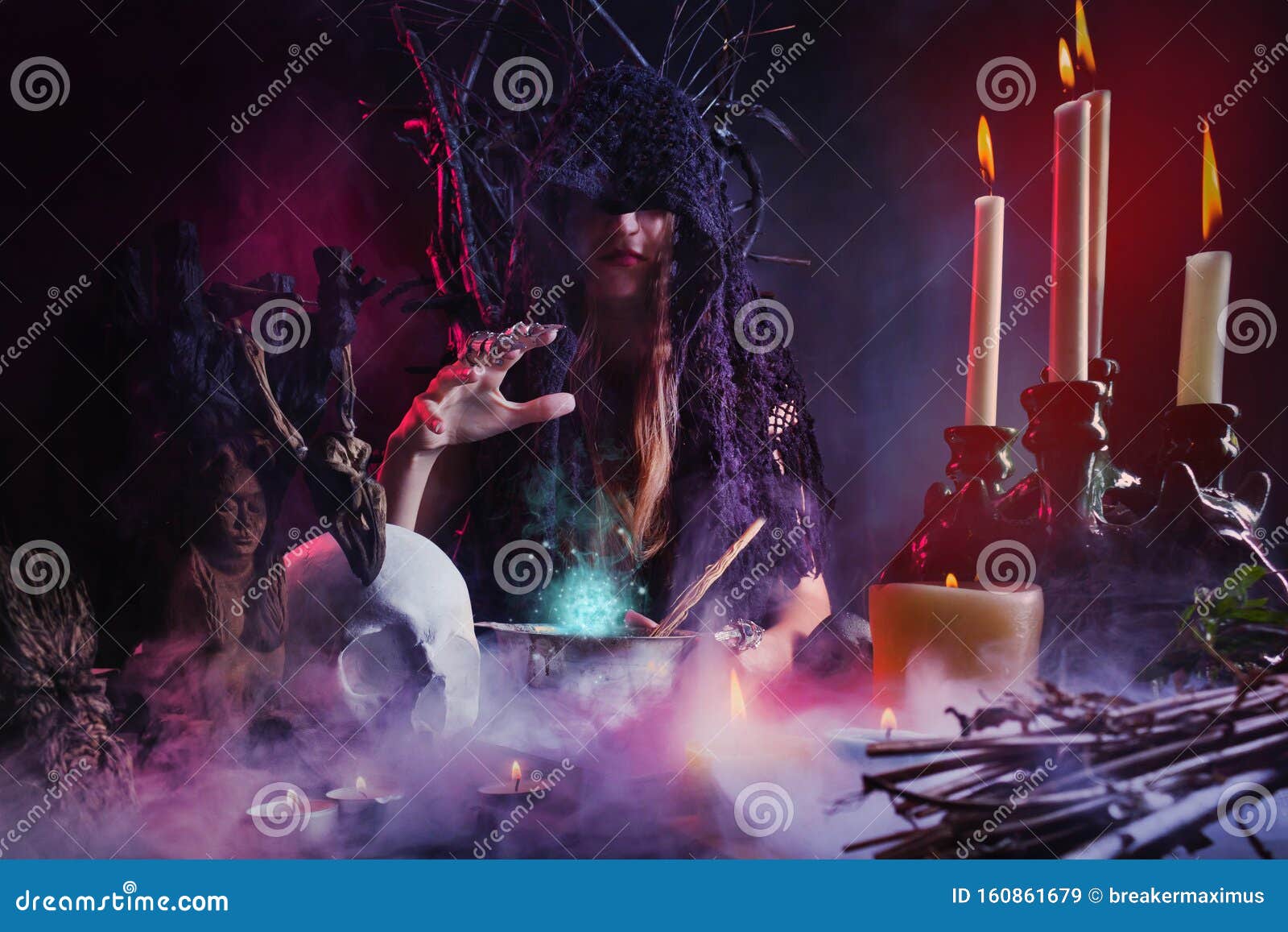 Female Witch Sitting At A Table Casting Spell Stock Image Image Of