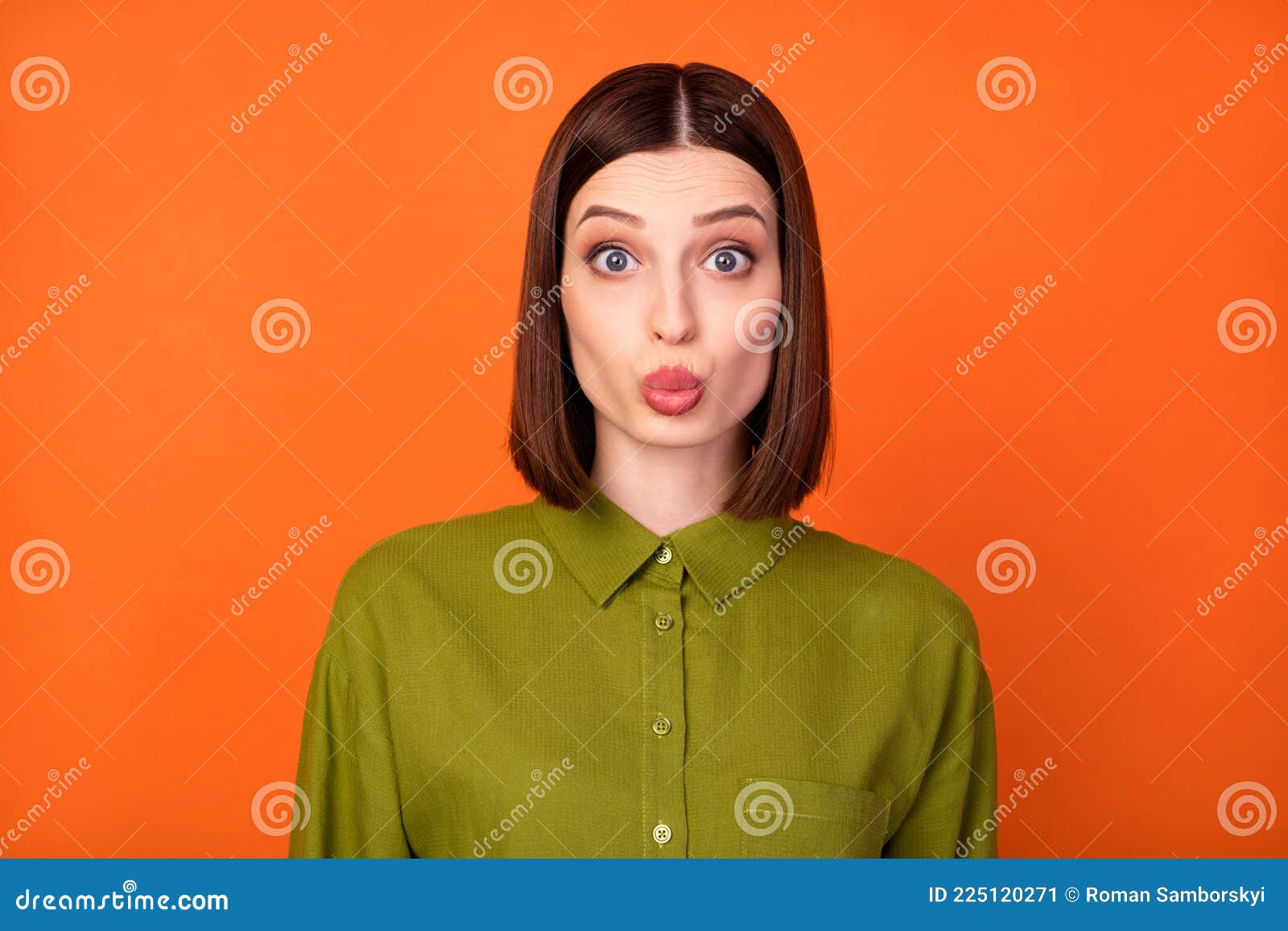 Photo Of Flirty Brunette Hairdo Young Lady Blow Kiss Wear Khaki Shirt