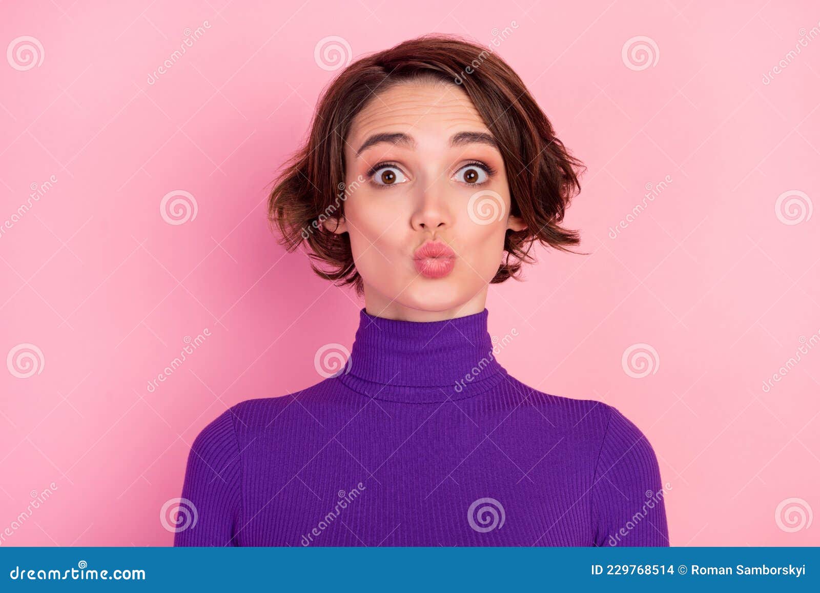 Photo Of Flirty Brunette Millennial Lady Blow Kiss Wear Violet Sweater