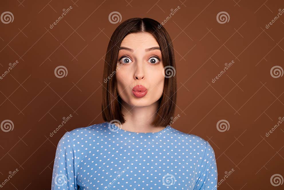 Photo Of Flirty Brunette Young Lady Blow Kiss Wear Dotted Shirt