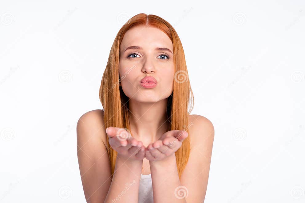 Photo Of Flirty Cute Ginger Hairdo Lady Blow Kiss Wear White Top