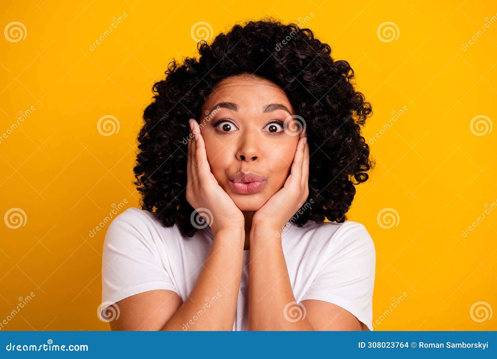 Photo Of Flirty Funky Woman Wear White T Shirt Arms Cheeks Sending Kiss