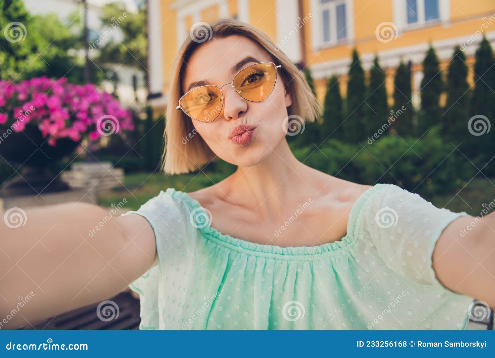 Photo Of Flirty Millennial Blond Lady Do Selfie Blow Kiss Wear Green