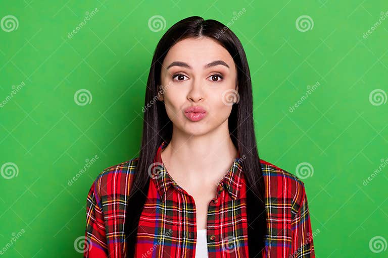 Photo Of Flirty Straight Hair Young Lady Blow Kiss Wear Red Shirt