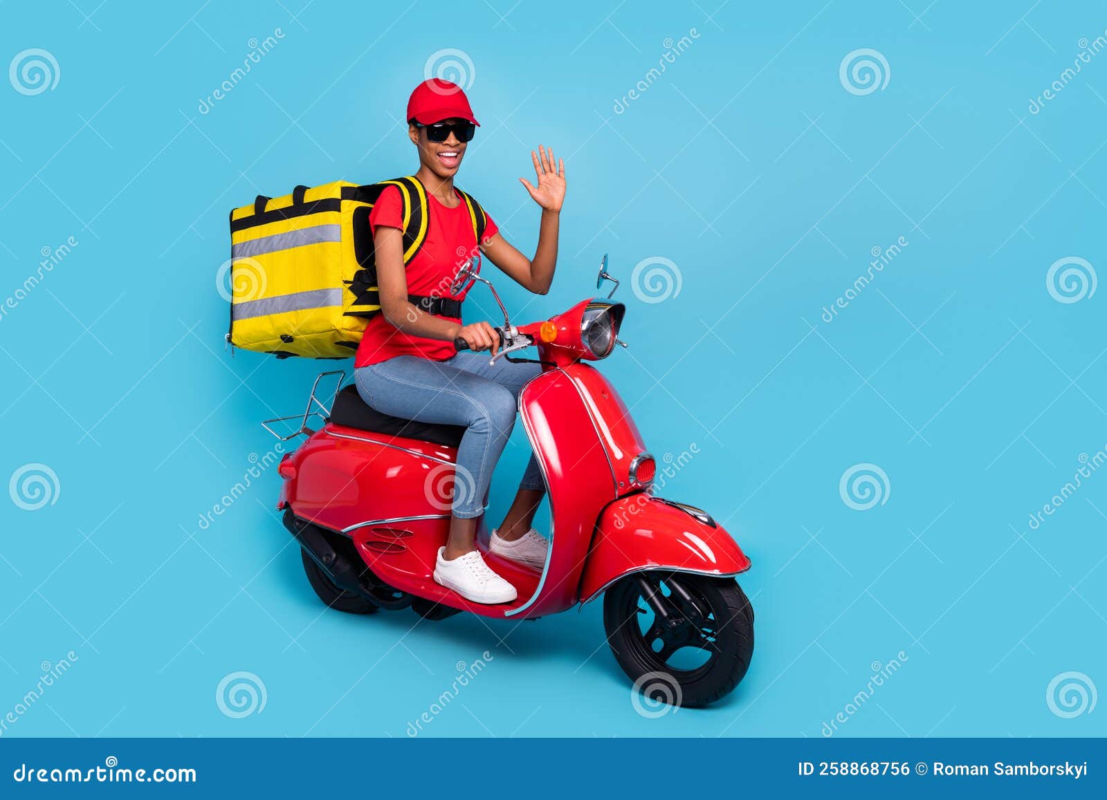 Photo Of Friendly Funky Short Hair Human Wear Red Uniform Moped Rider