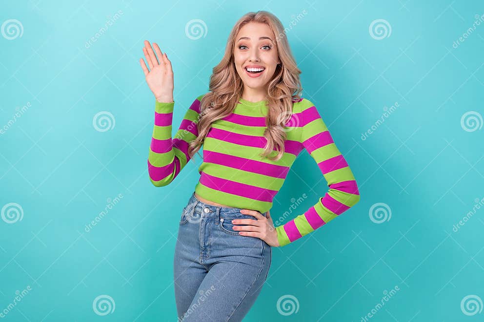 Photo Of Friendly Sweet Woman Dressed Striped Sweater Smiling Waving
