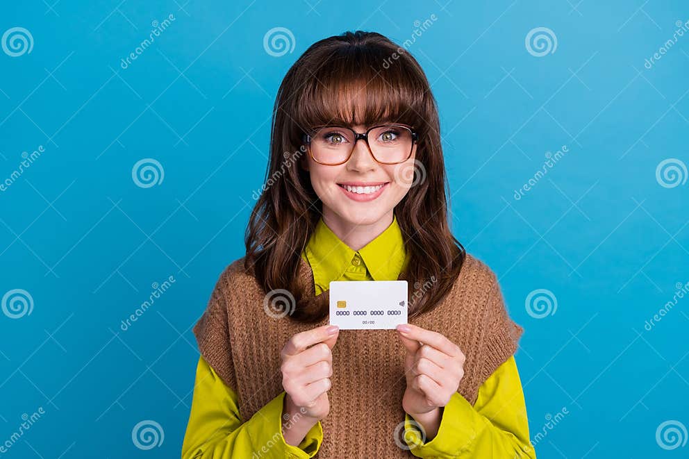 Photo of Funky Cheerful Lady Wear Brown Vest Spectacles Holding Credit ... Photo of Funky Cheerful Lady Wear Brown Vest Spectacles Holding Credit ...