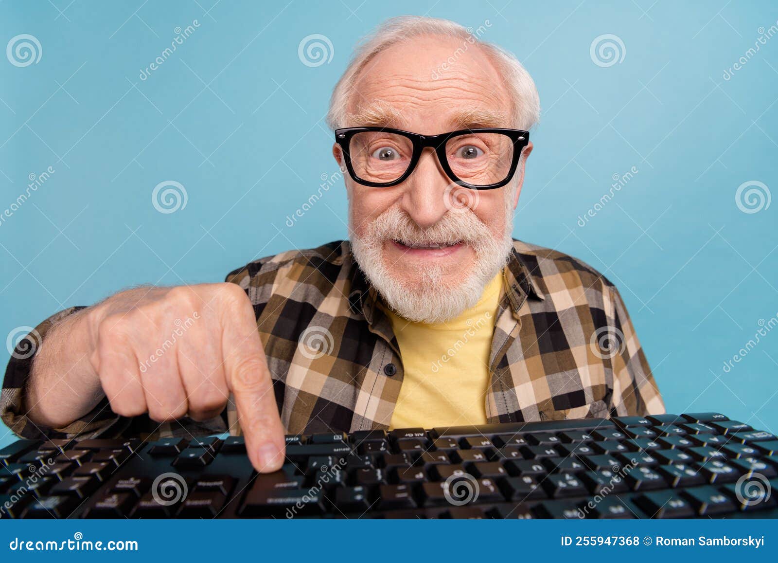 Photo Of Funky Funny Man Pensioner Dressed Checkered Shirt Eyewear