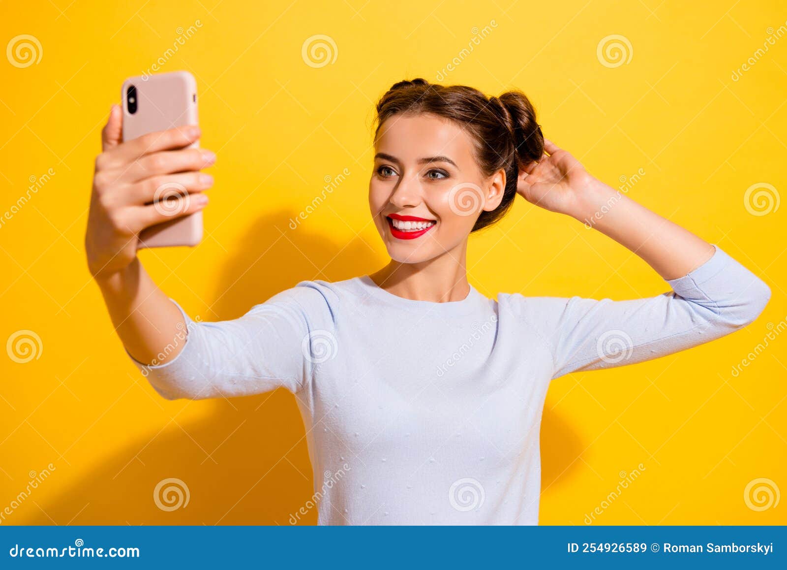 Photo Of Funny Cute Girl Dressed White Shirt Tacking Selfie Modern