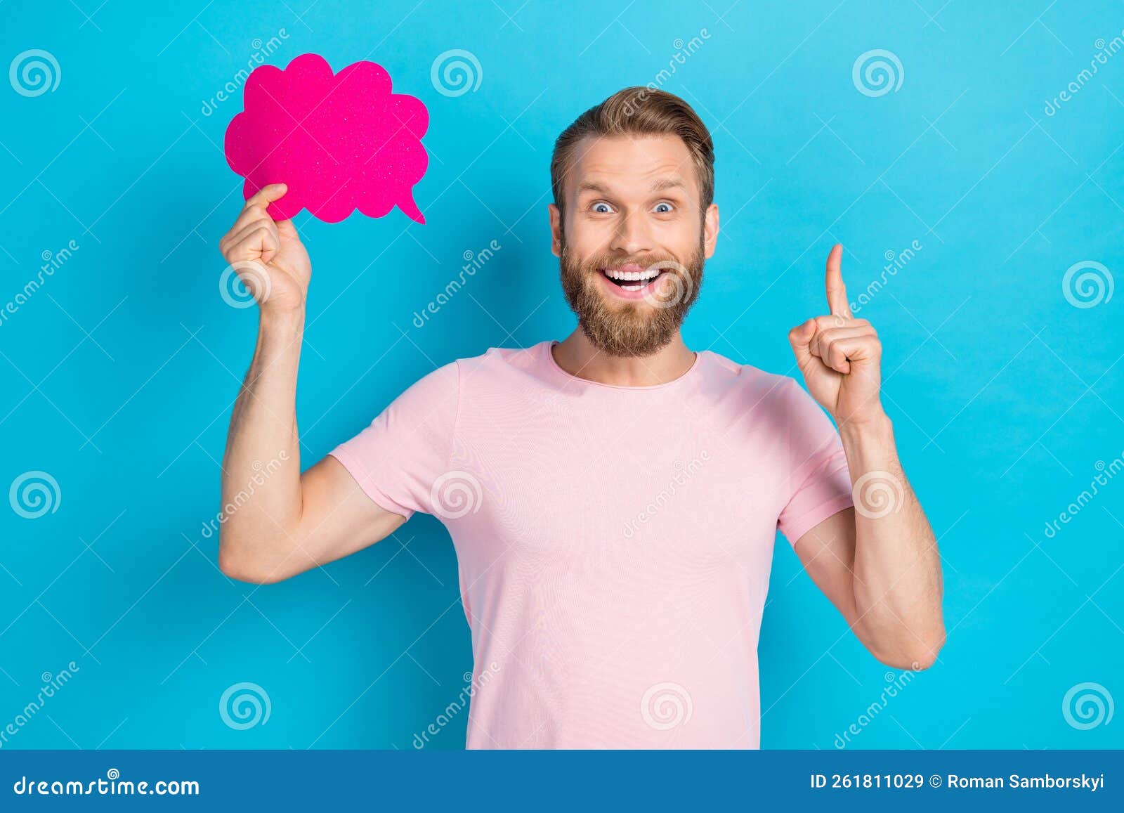 Photo Of Funny Excited Young Man Wear Pink T Shirt Pointing Finger