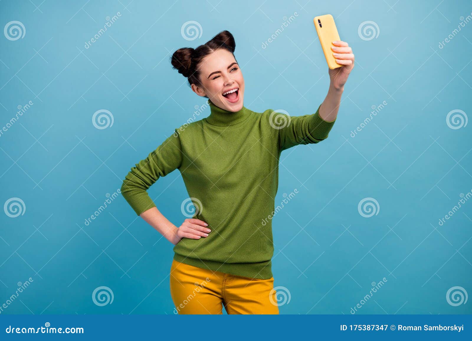 Photo Of Funny Flirty Lady Hold Telephone Hand Taking Making Selfies