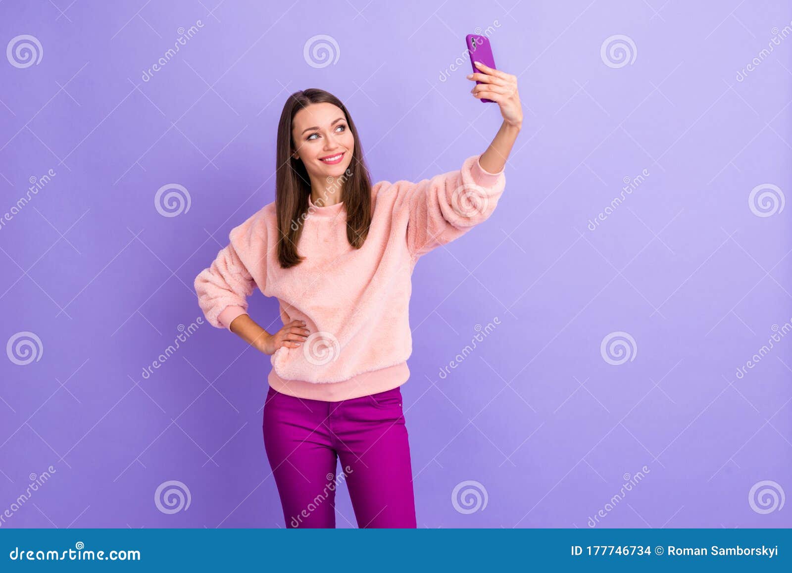 Photo Of Funny Lady Youngster Hold Telephone Making Selfies Popular