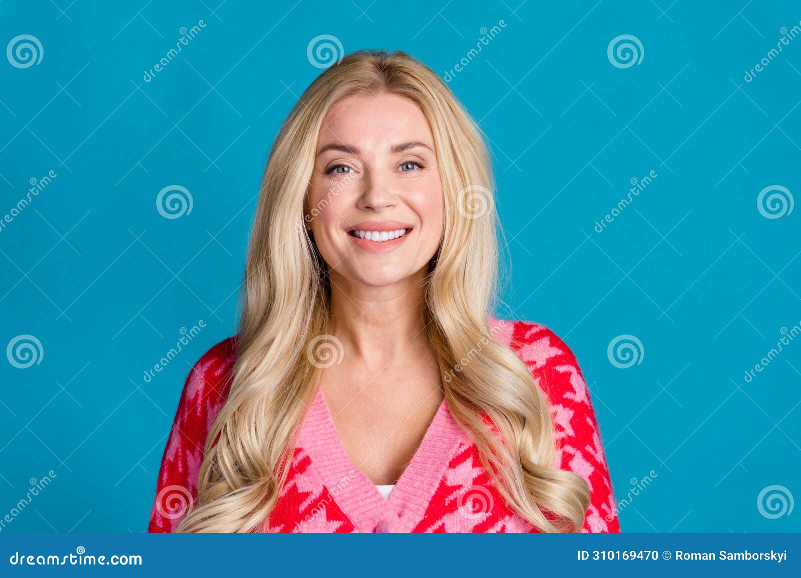Photo Of Good Mood Adorable Woman With Wavy Hairstyle Wear Print Knit