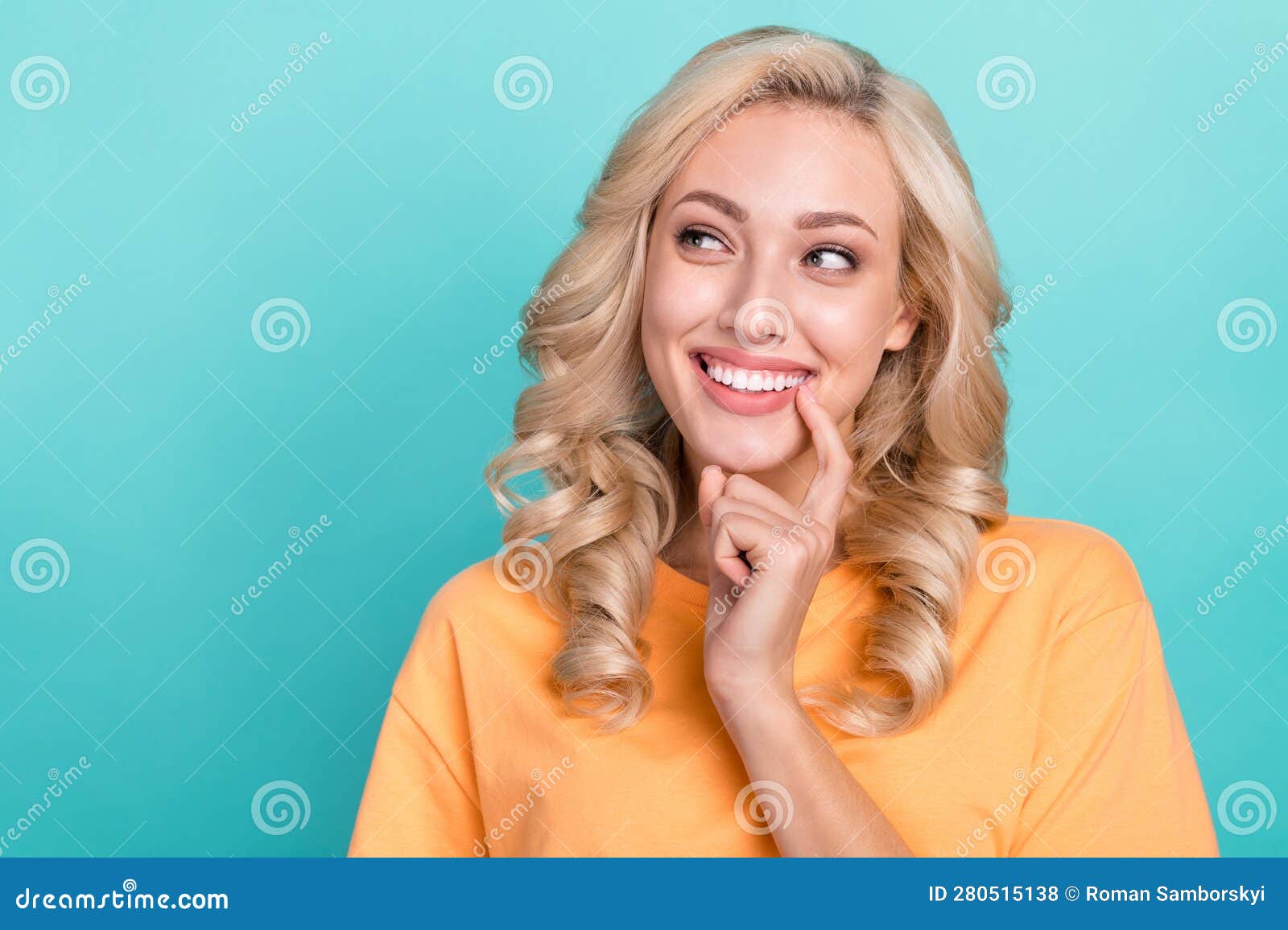 Photo Of Good Mood Funky Girl Wear Orange T Shirt Finger Lips Looking