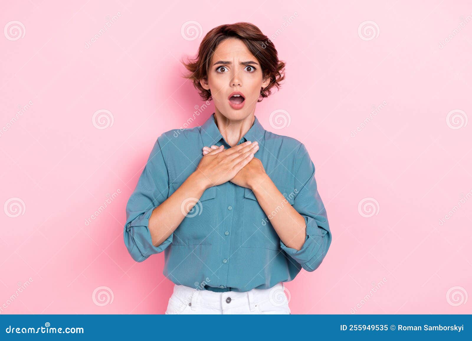 Photo Of Gorgeous Astonished Girl With Bob Hairstyle Wear Blue Shirt