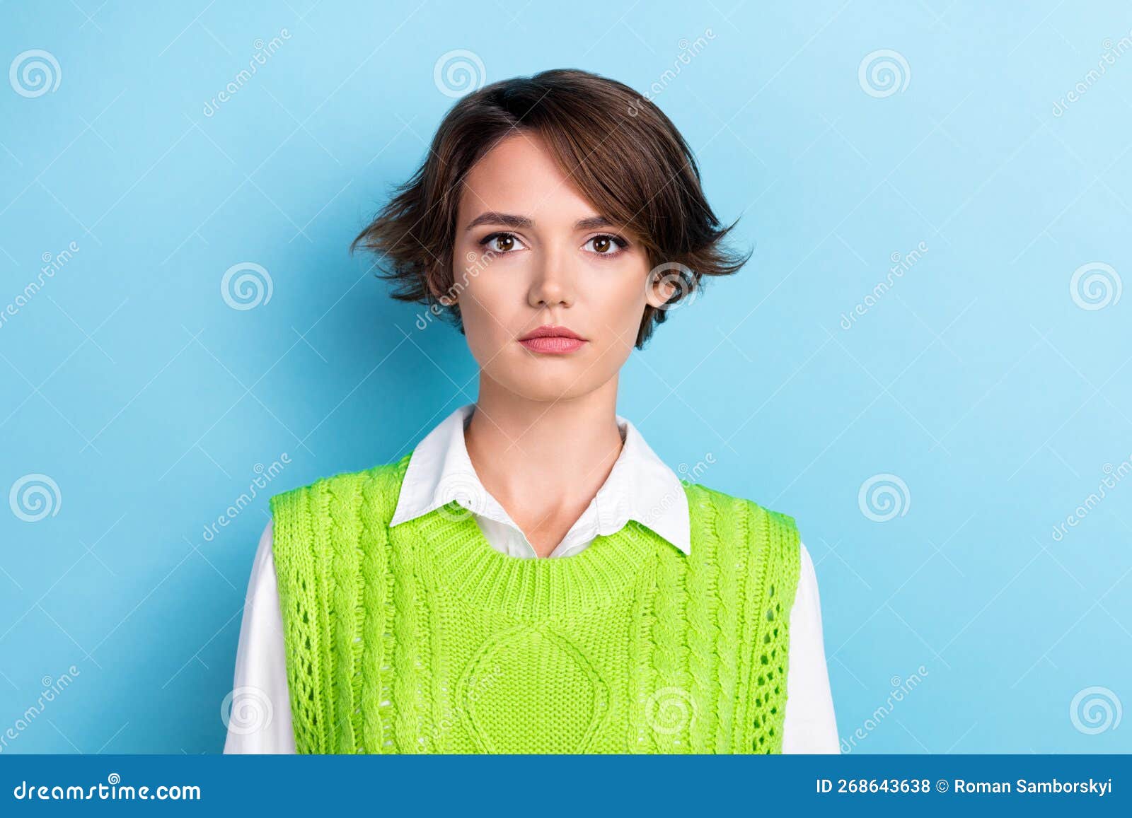 Photo Of Gorgeous Lovely Girlish Woman With Bob Hairstyle Dressed Green