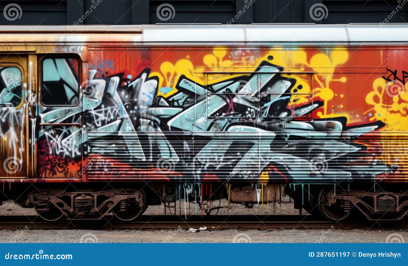 Photo of a Graffiti-covered Train Next To a Vibrant Building Stock ...
