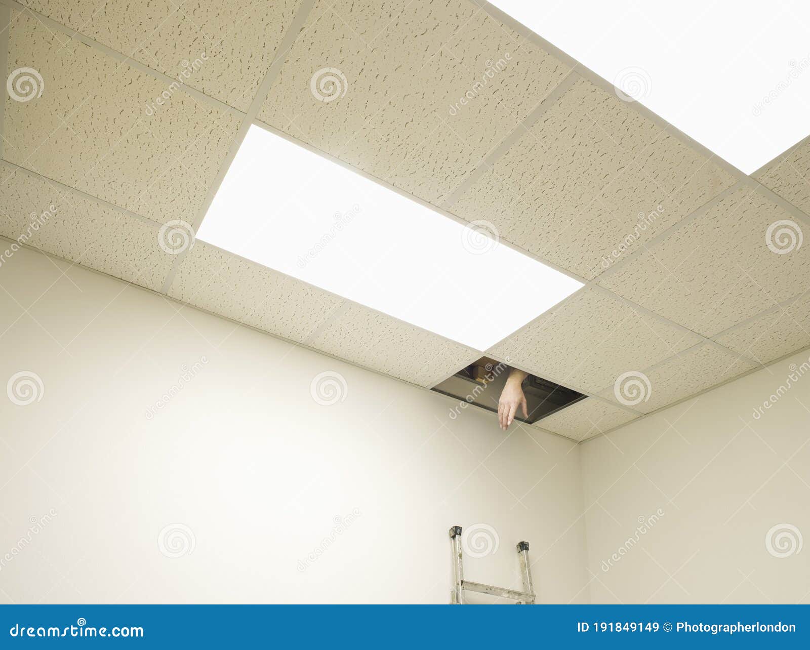 Hand Reaching from Hole in Ceiling Stock Image - Image of installation ...