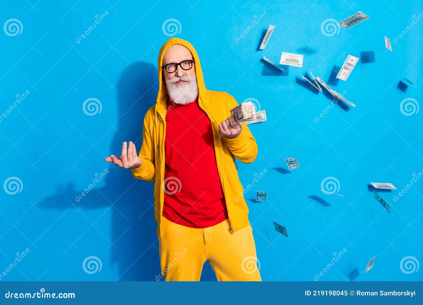 Photo Of Handsome Cool Mature Man In Glasses Millionaire Hold Money