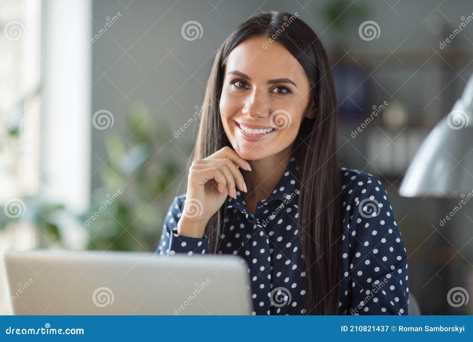 Photo Of Happy Brunette Haired Business Woman Sit Office Laptop Job