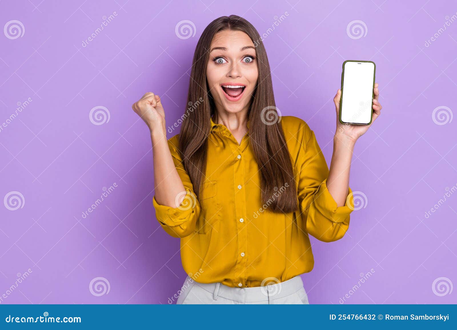 Photo Of Hooray Brown Hair Lady Hold Telephone Yell Wear Brown Shirt