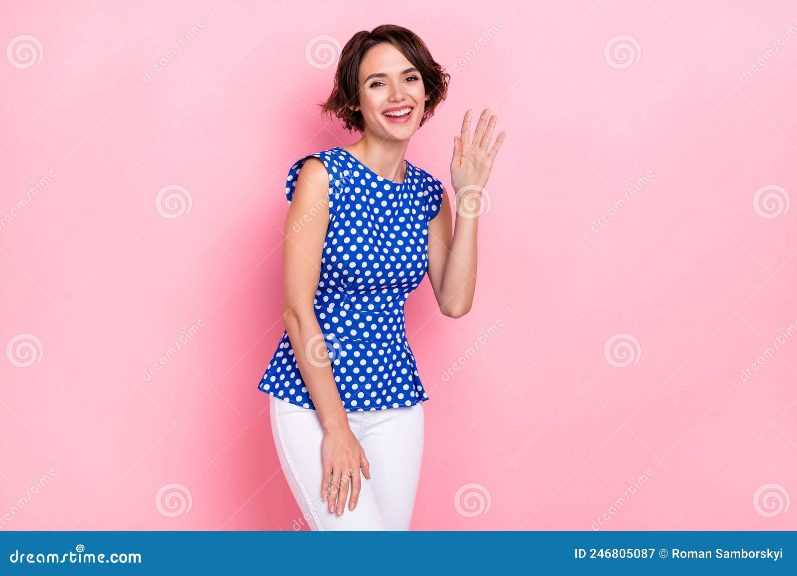 Photo Of Hooray Millennial Bob Hairdo Lady Wave Wear Dotted Blouse