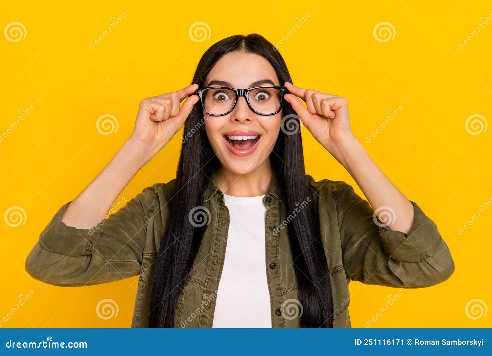 Photo Of Hooray Young Lady Open Mouth Wear Spectacles Khaki Outfit