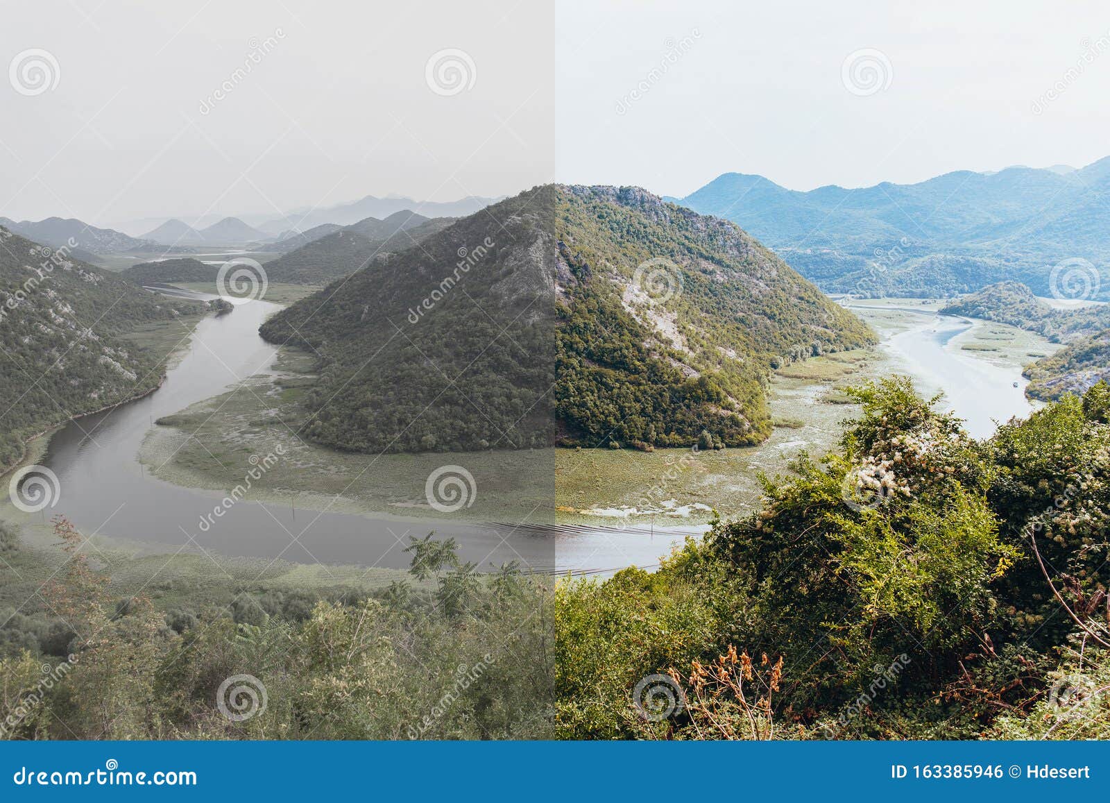 Photo before and after the Image Editing. River and Mauntains Stock ...