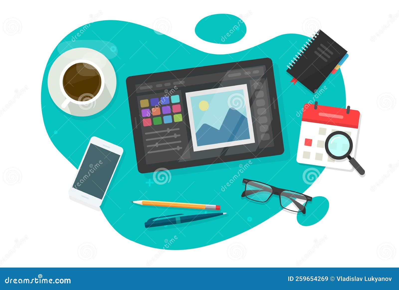 Photo Image Graphic Designer Table Top View Vector or Artist Draw ...