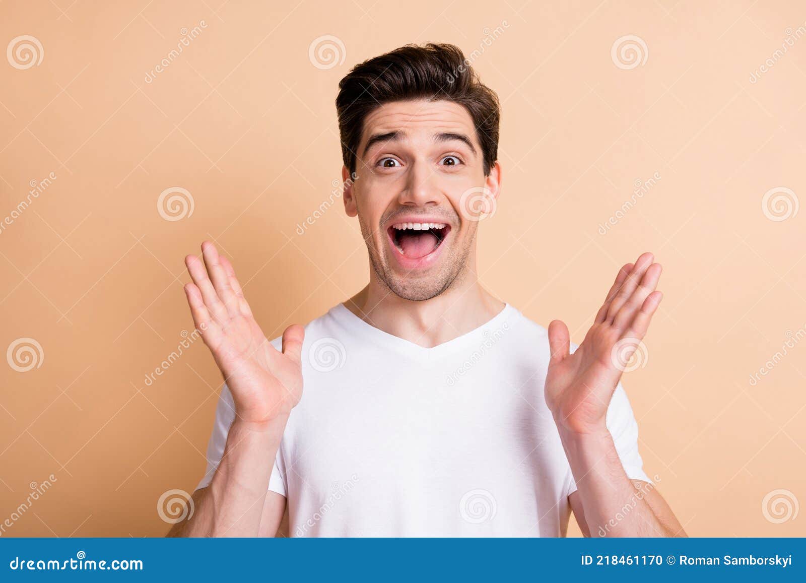 Photo Of Impressed Amazed Guy Raise Palms Unbelievable Discount