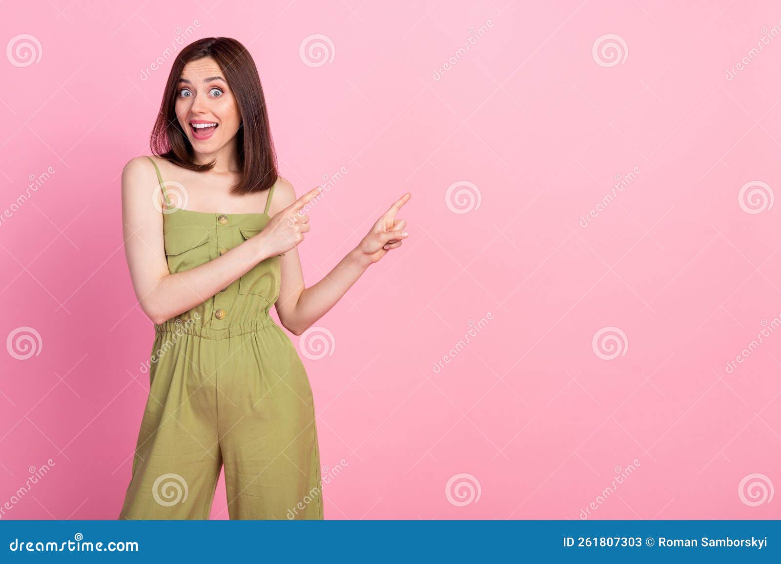 Photo Of Impressed Brunette Lady Indicate Promo Wear Khaki Overall