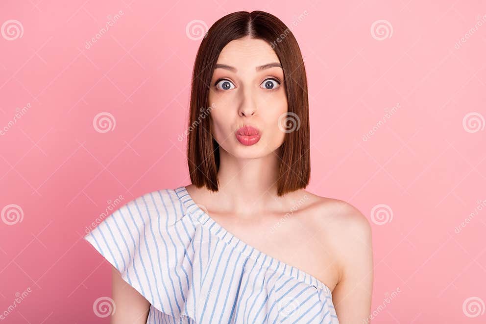 Photo Of Impressed Brunette Millennial Lady Blow Kiss Wear White Top